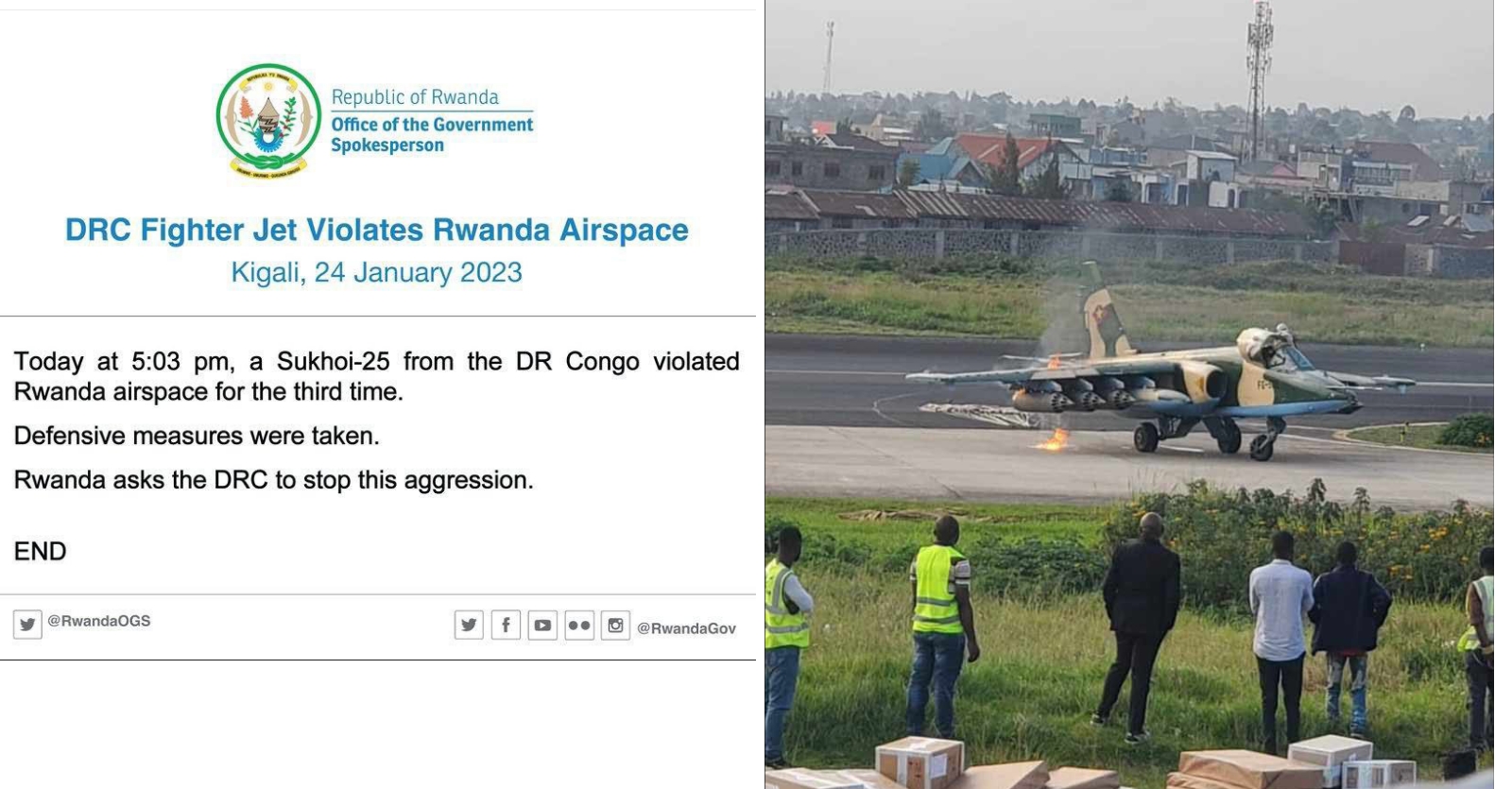 Ubundi bushotoranyi: Indege y’intambara ya Congo yavogereye ikirere cy ...